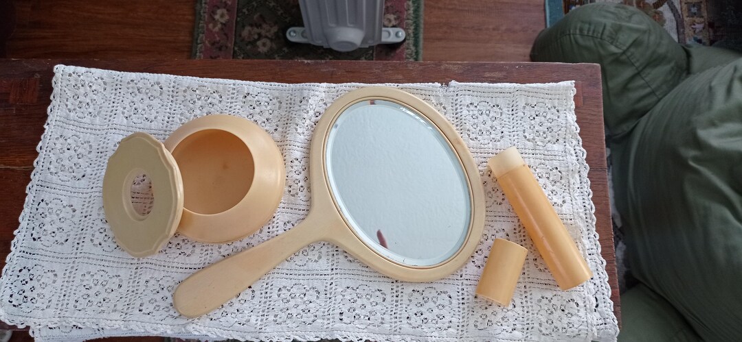Vintage Celluloid Bakelite Dresser Set, Mirror, Toothbrush Holder and ...