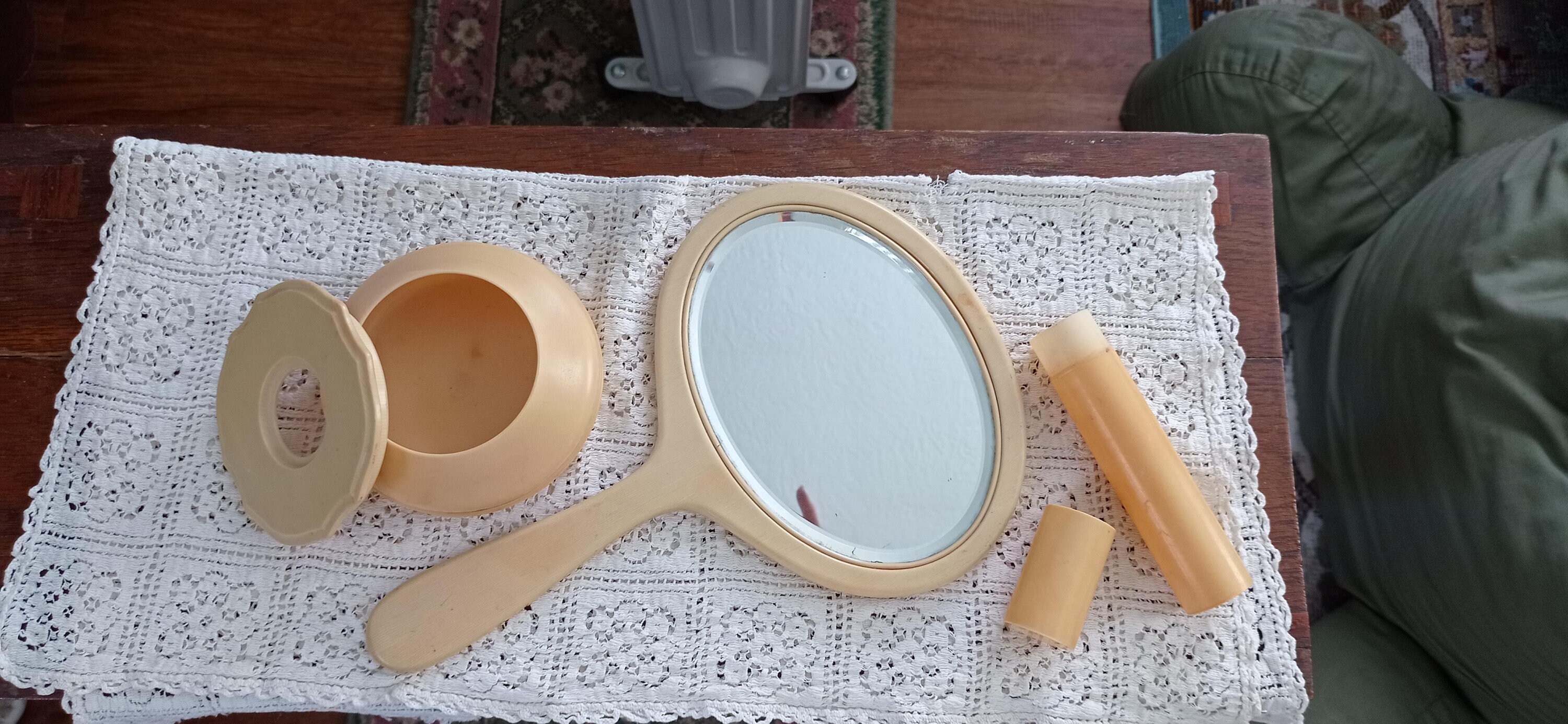 Vintage Celluloid Bakelite Dresser Set, Mirror, Toothbrush Holder and ...