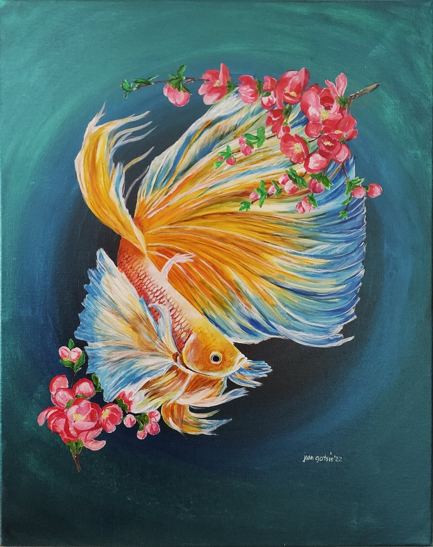 Betta Sakura (blue-orange Betta Fish and Red-orange Cherry Blossom) - Etsy