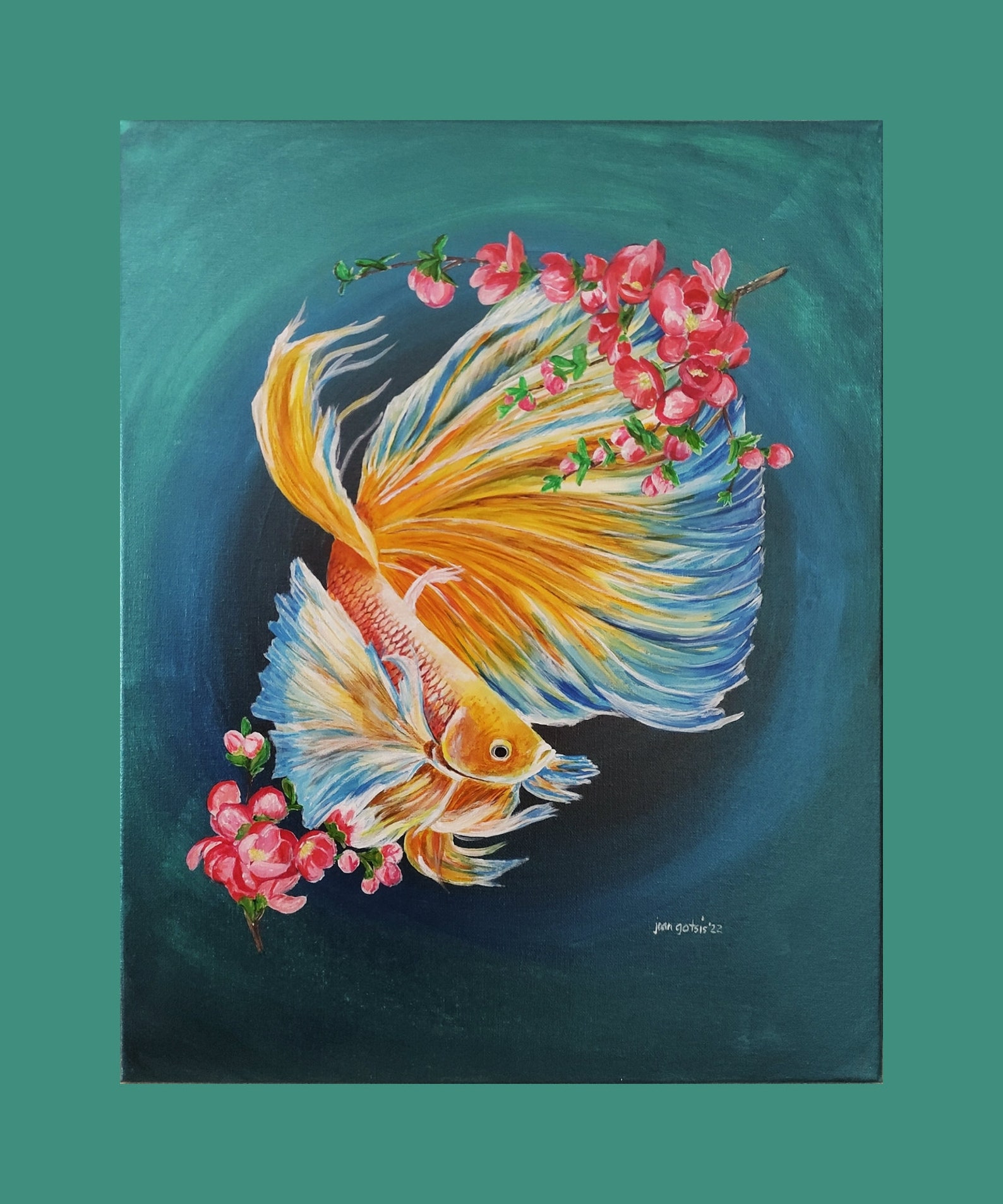Betta Sakura (blue-orange Betta Fish and Red-orange Cherry Blossom) - Etsy