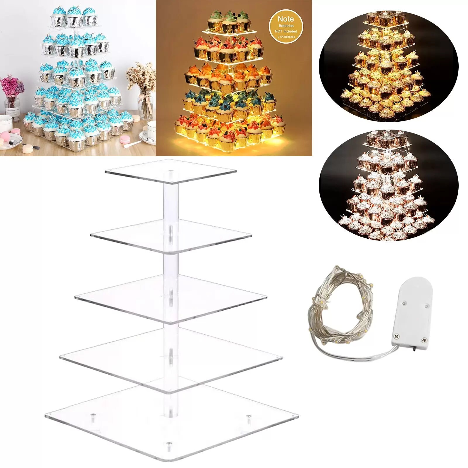 5 Layers Cupcake Stand With LED String Light Wedding Party Display ...
