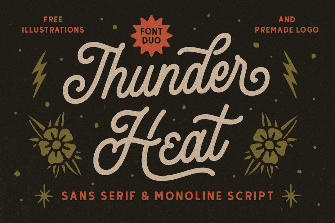 Thunder Heat Font Duo: Vintage Monoline Script & Sans Serif - Etsy