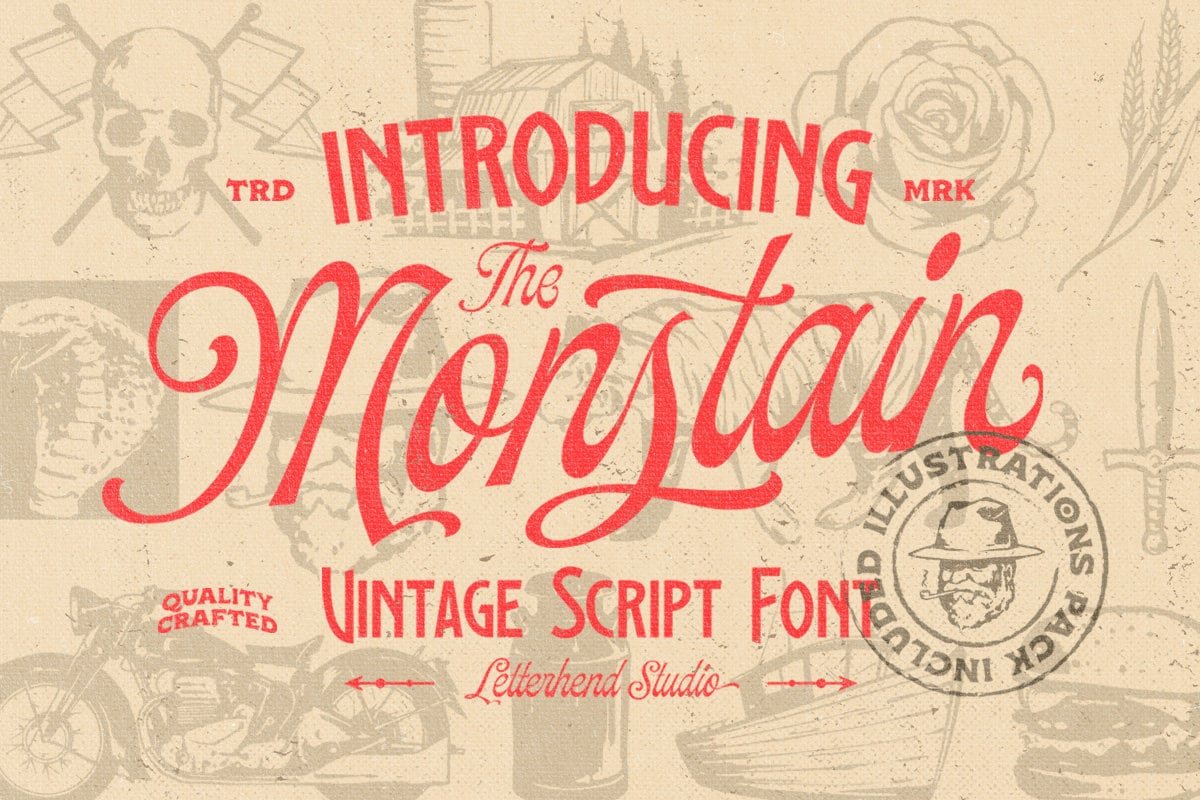 The Monstain - Vintage Script, Hand Drawn Object, Retro Font, Hipster ...