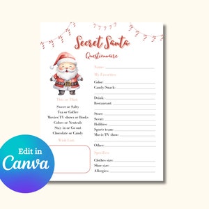 Printable Secret Santa Questionnaire Editable Gift Exchange - Etsy