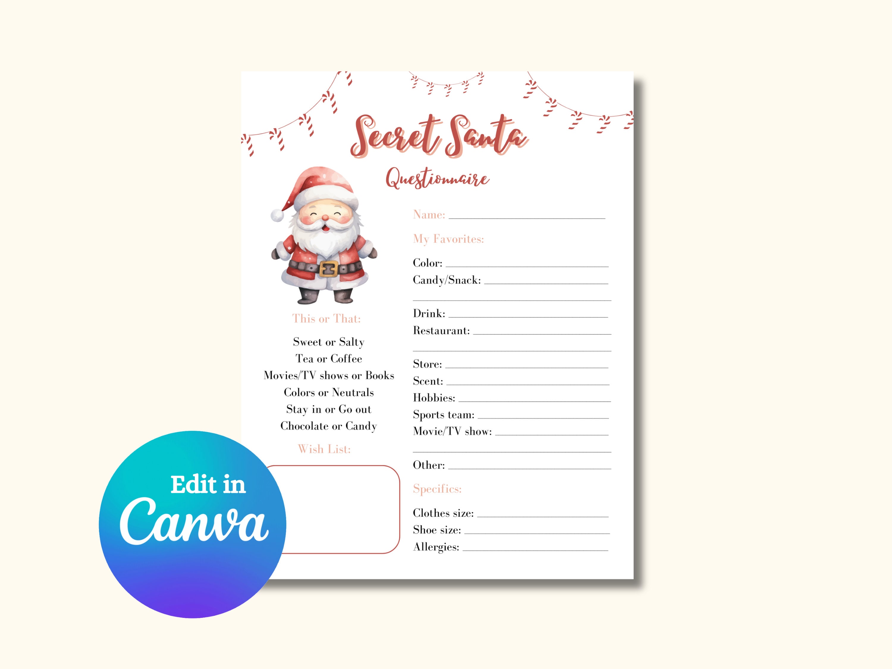 Printable Secret Santa Questionnaire Editable Gift Exchange - Etsy