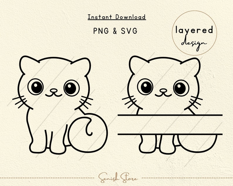 Cute Cat Outline Svg & Png Kawaii Cat Outline Cat Face Svg Kİtten Split ...