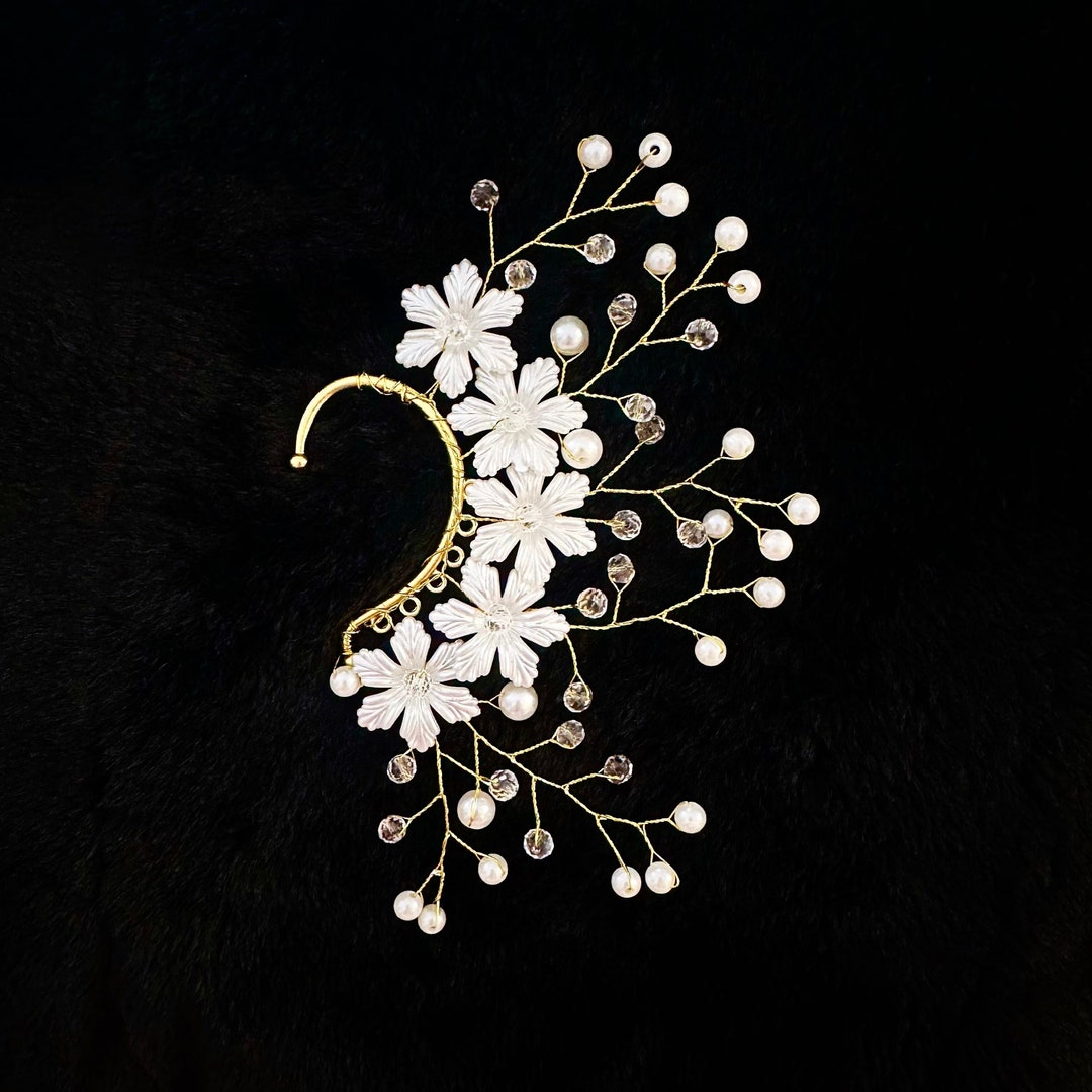 Floral Ear Wrap, Gold and Pearl Ear Cuff, Delicate Ear Cuff, Wedding Ear Crawler, Bridal ...