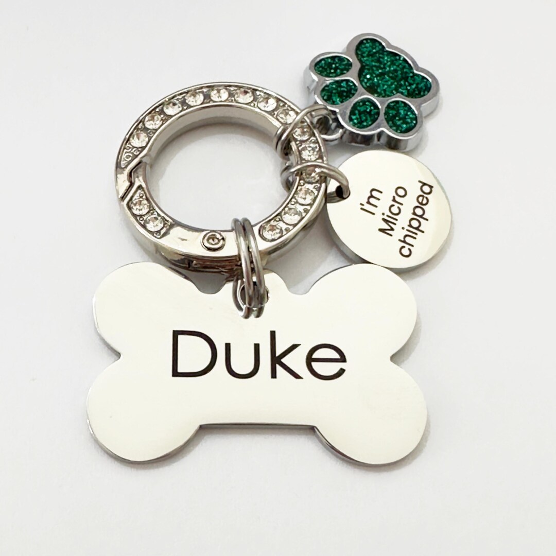 Dog ID Pet Tag Bone Shaped Personalized With Microchipped and Charm ...
