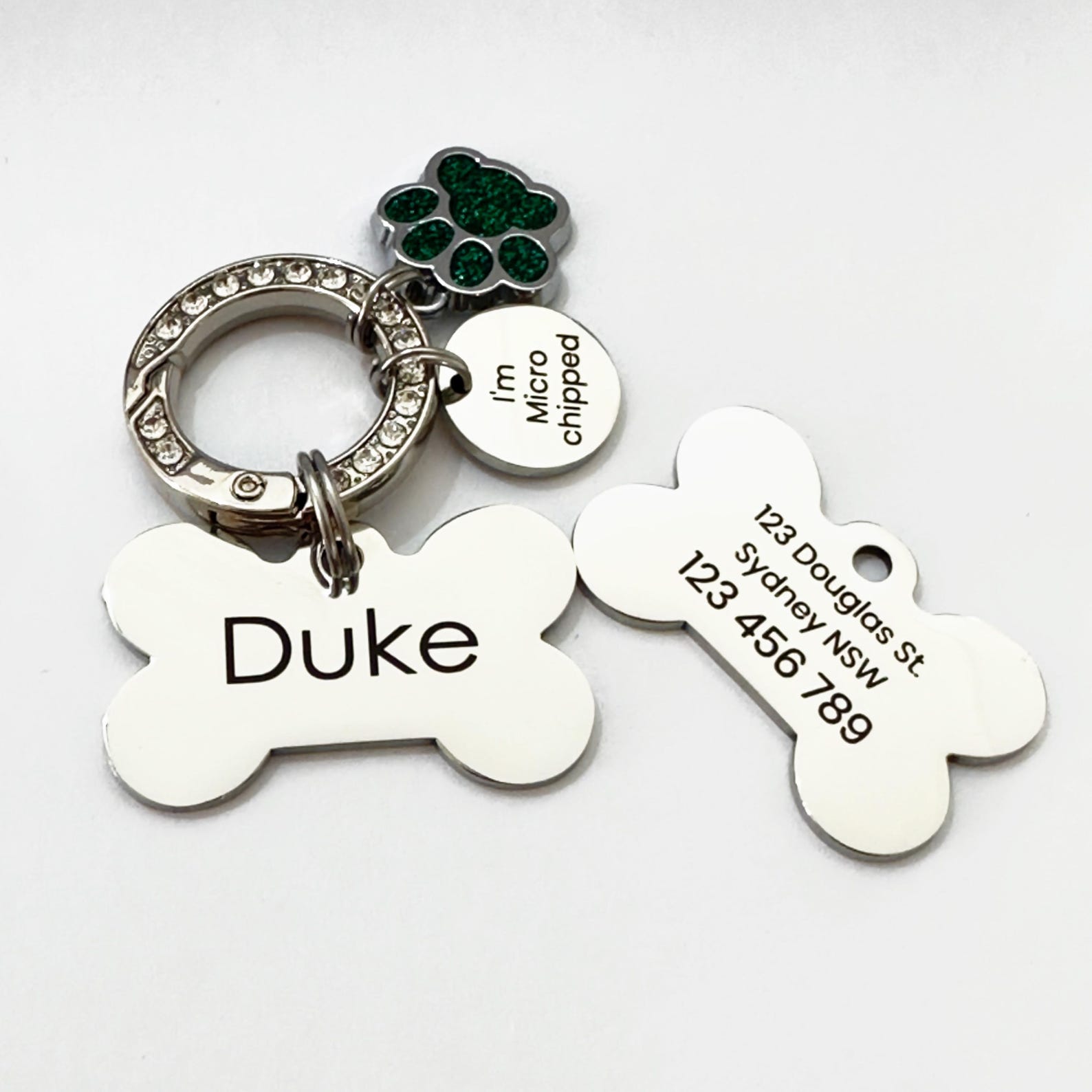 Dog ID Pet Tag Bone Shaped Personalized With Microchipped and Charm ...