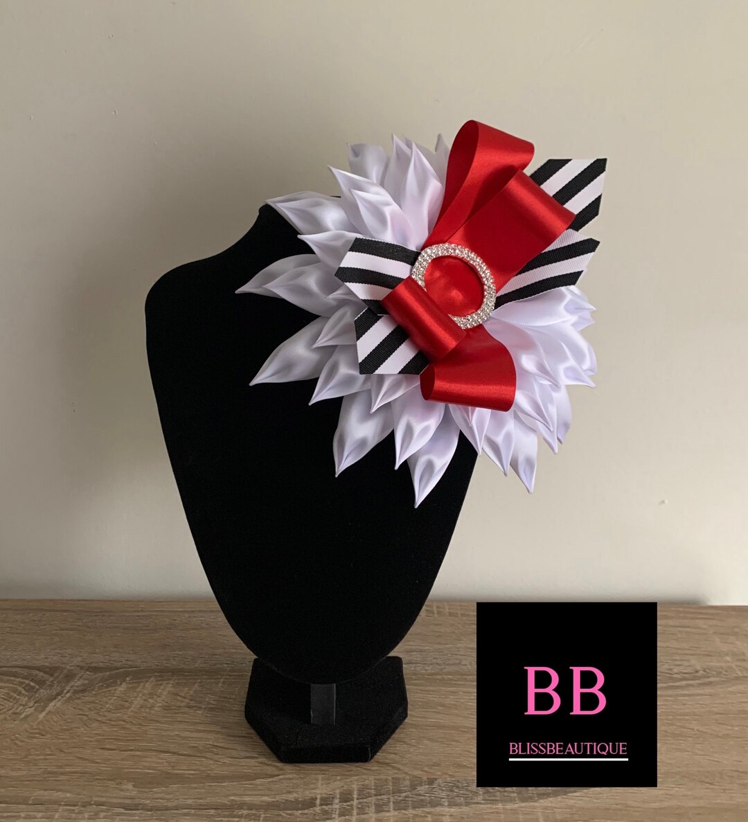 Flower Brooch Luxury White With Stripe & Red Bow Pin Corsage - Etsy