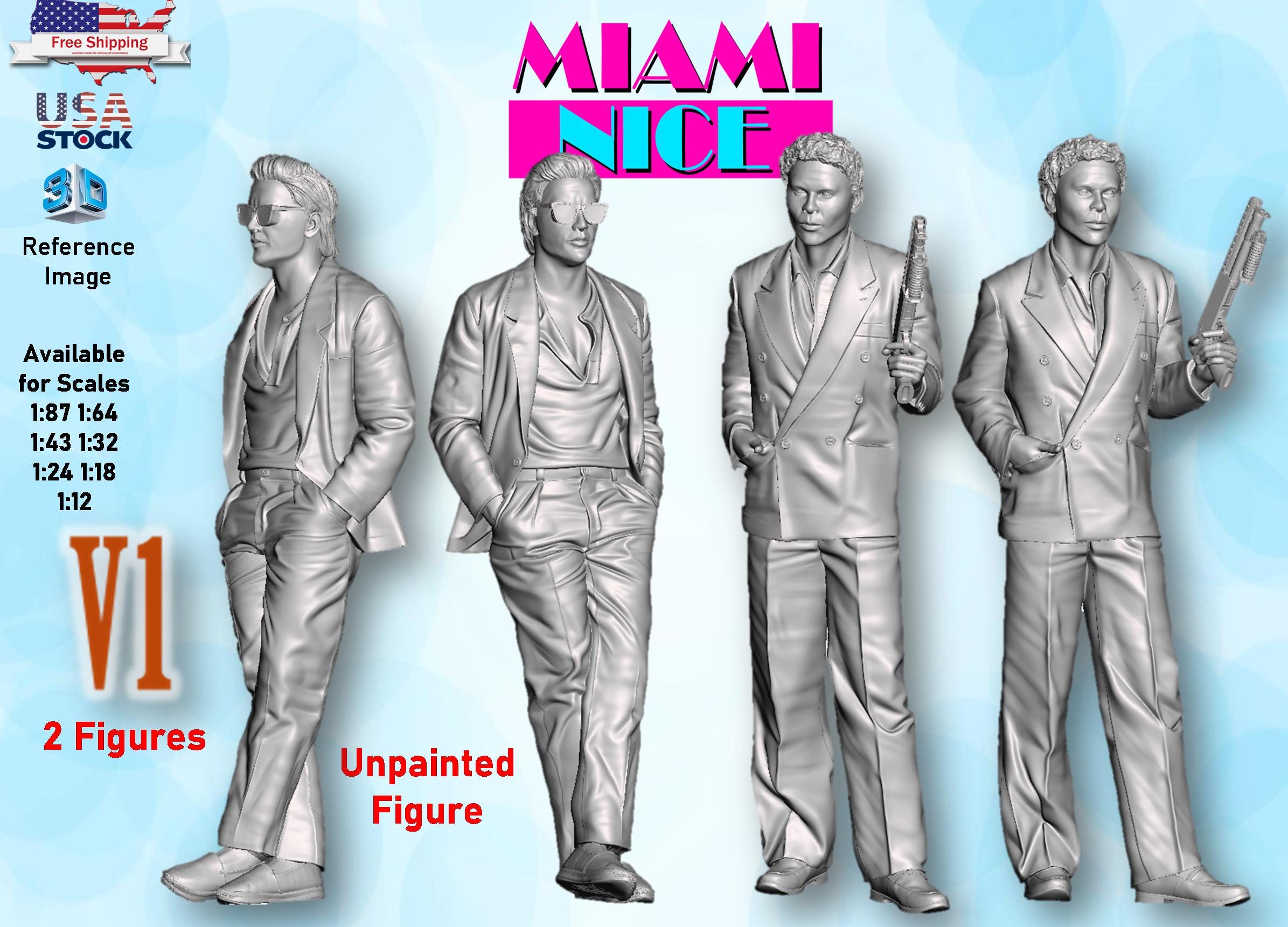 Miami Nice TV Duo UNPAINTED Resin Figures 1/87 1/64 1/43 1/32 1/24 1/18 ...