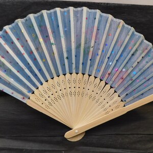 Beautiful Blue Silk Fan Flowers Stars Handheld Fan Folding Fans Asian ...