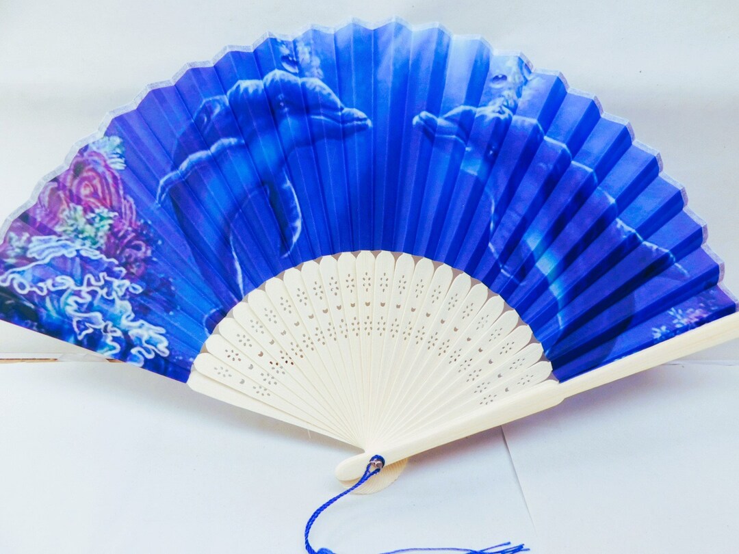 Twin Dolphins Dolphin Fish Underwater Scene Silk Nylon Handheld Fan ...