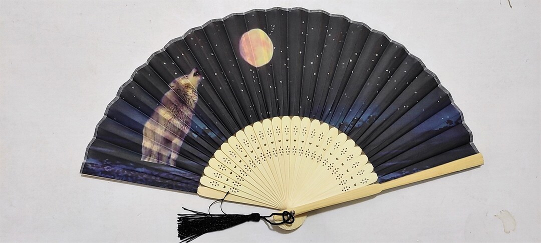 Wolf Howling Fan Night Stars Full Moon Silk Nylon Handheld Fan Folding ...