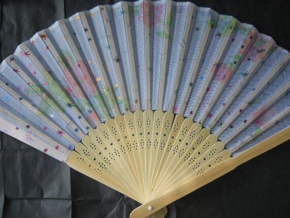 Beautiful Silk Fan with Flowers and Stars Handheld Fa… - Gem