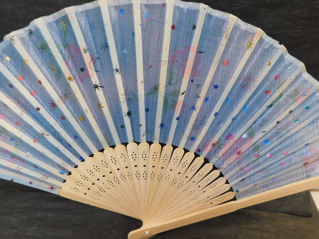 Beautiful Blue Silk Fan Flowers Stars Handheld Fan Folding Fans Asian ...