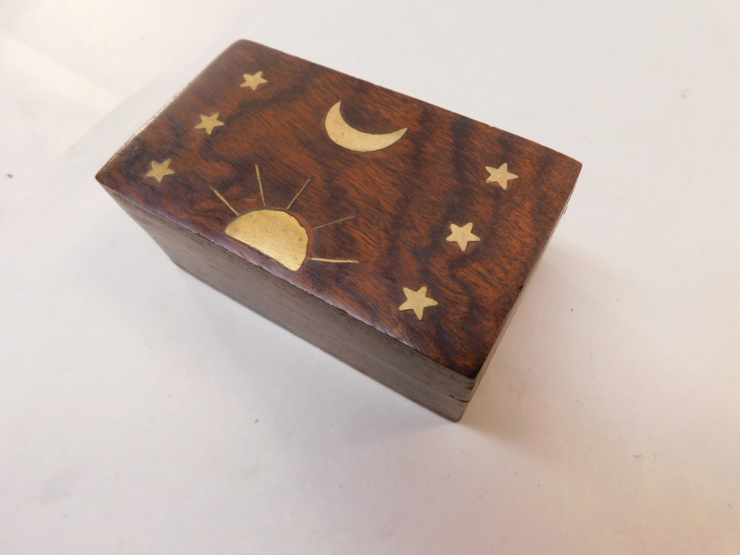 Wood Carved Box 2" X 3.5" With Brass Inlay Stars Moon Sun Jewelry Stash ...