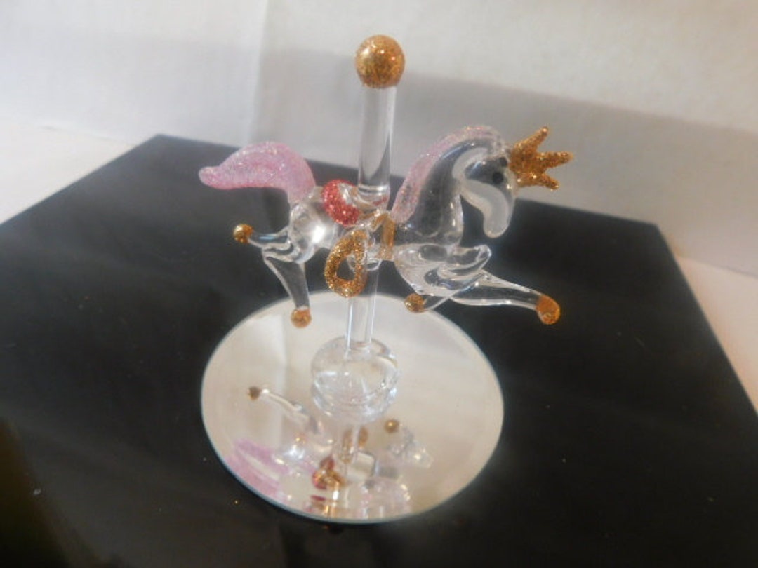 Pink Glitter Spun Blown Glass Carousel Horse on Mirror Base Horses # ...