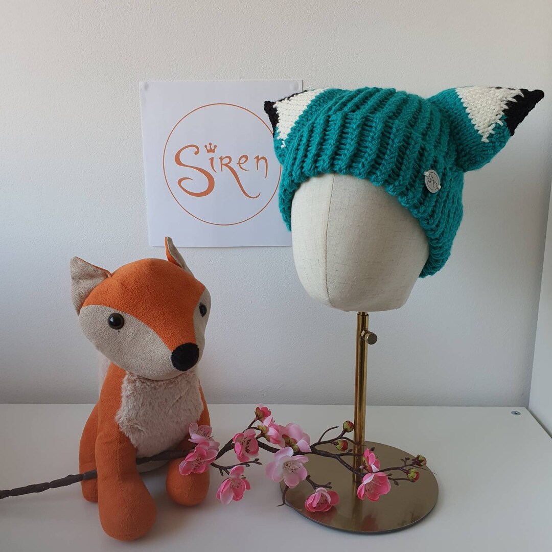 Teal Fox Cat Ears Hand Knitted Women's Winter Beanie Hat - Etsy