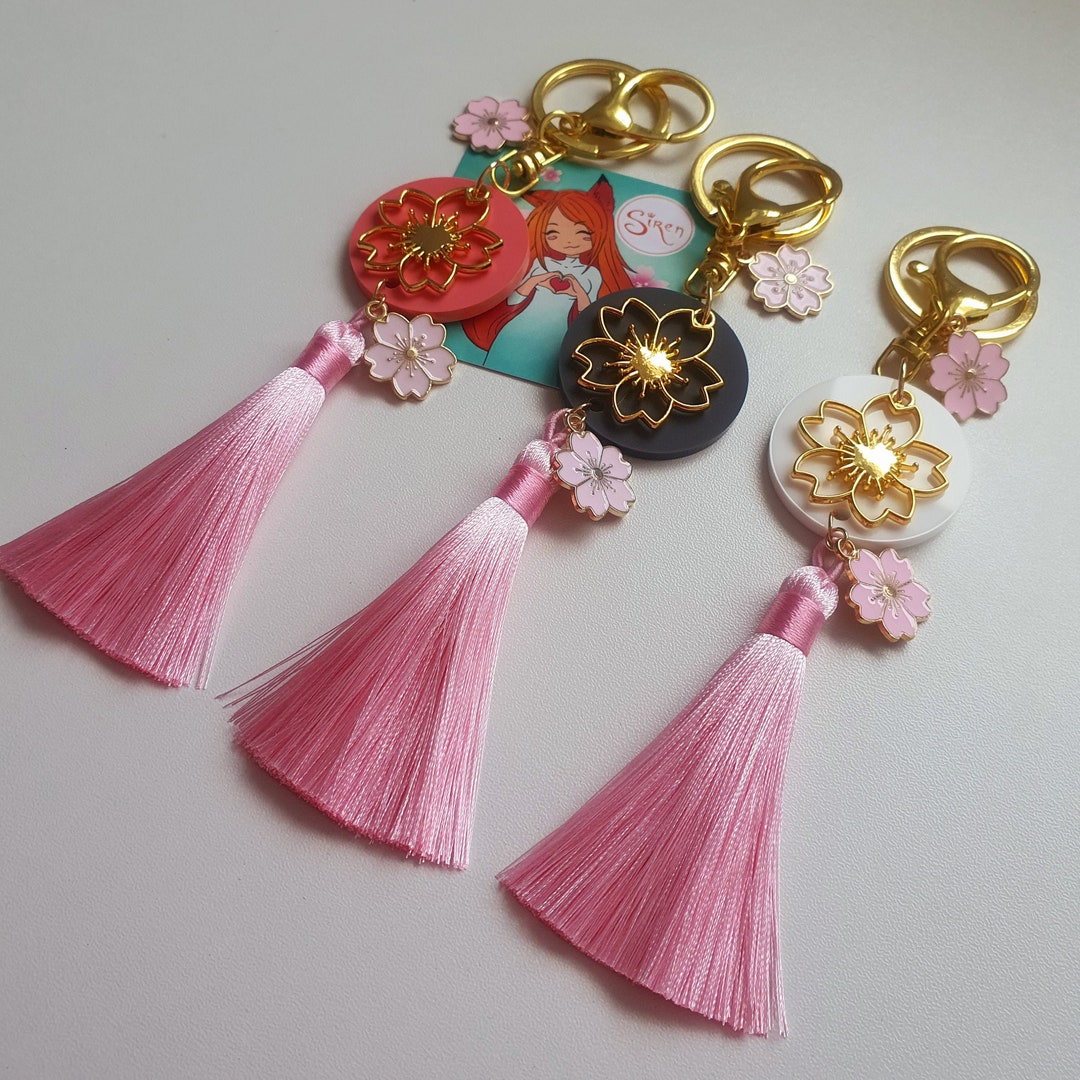 Sakura Cherry Blossom Flower Gold Grey White Pink Keyring Bag Woman's ...
