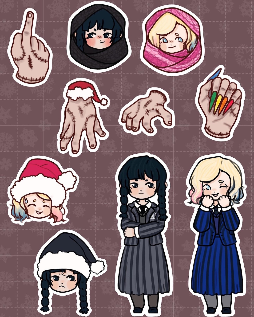 Christmas Holiday Wednesday Addams, Enid and Thing Sticker Sheet - Etsy