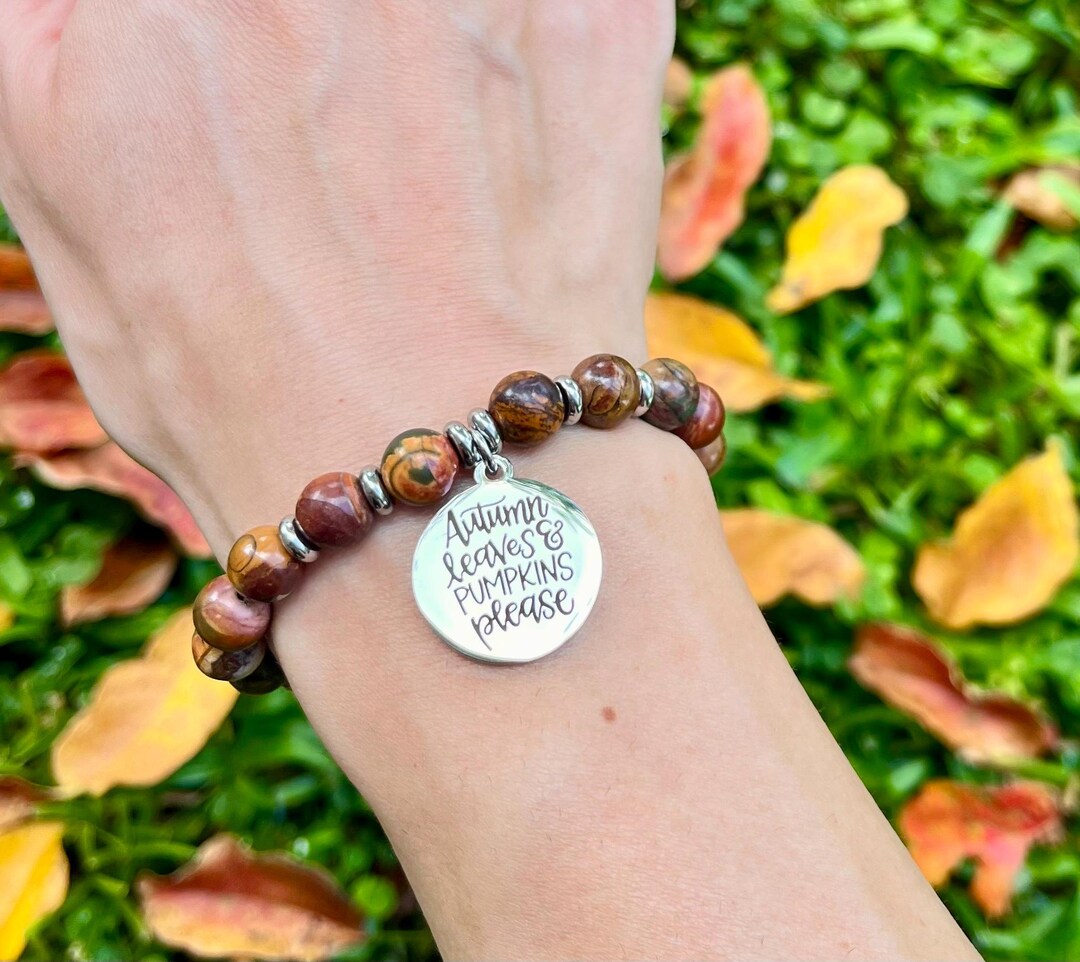 Autumn Leaves and Pumpkins Please Charm, Fall Bracelet, Silver Charm ...