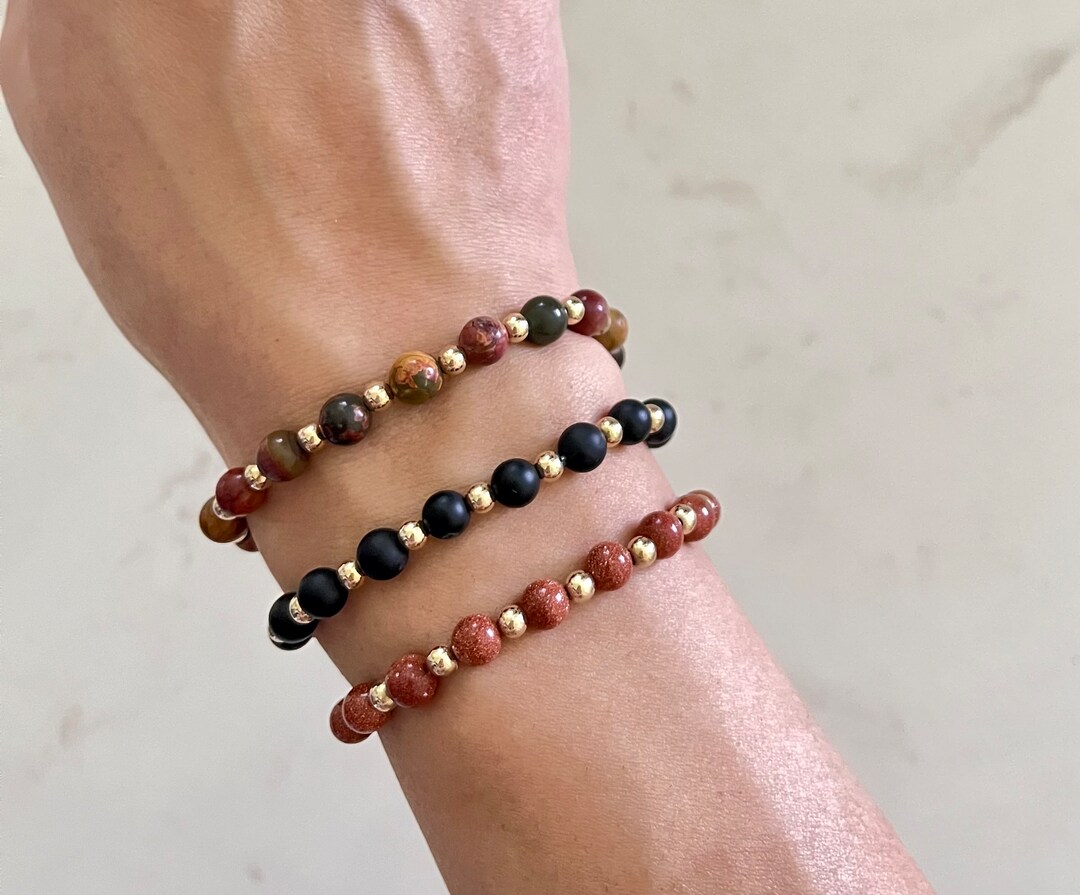 Fall Bracelets, Red Creek Jasper Bead, Gold Sandstone Bead, Matte Black ...