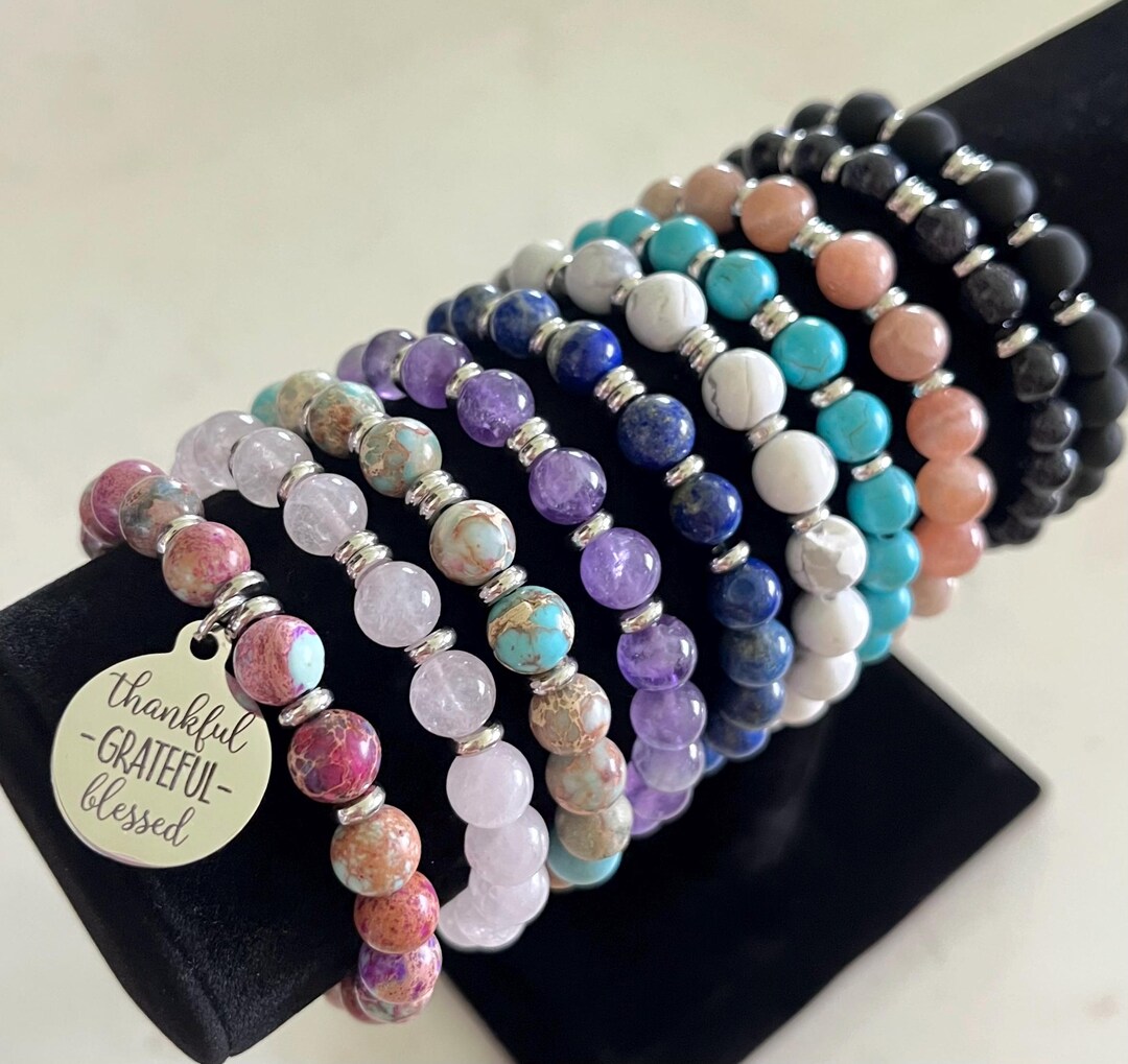 Thankful Grateful Blessed, Silver Charm Bracelet, Gemstone Bracelet ...