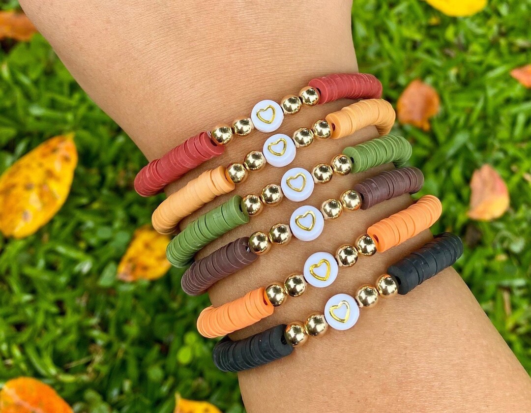 Heart Bead Bracelet, Heishi Bracelet, Polymer Clay Bead, 14k Gold ...