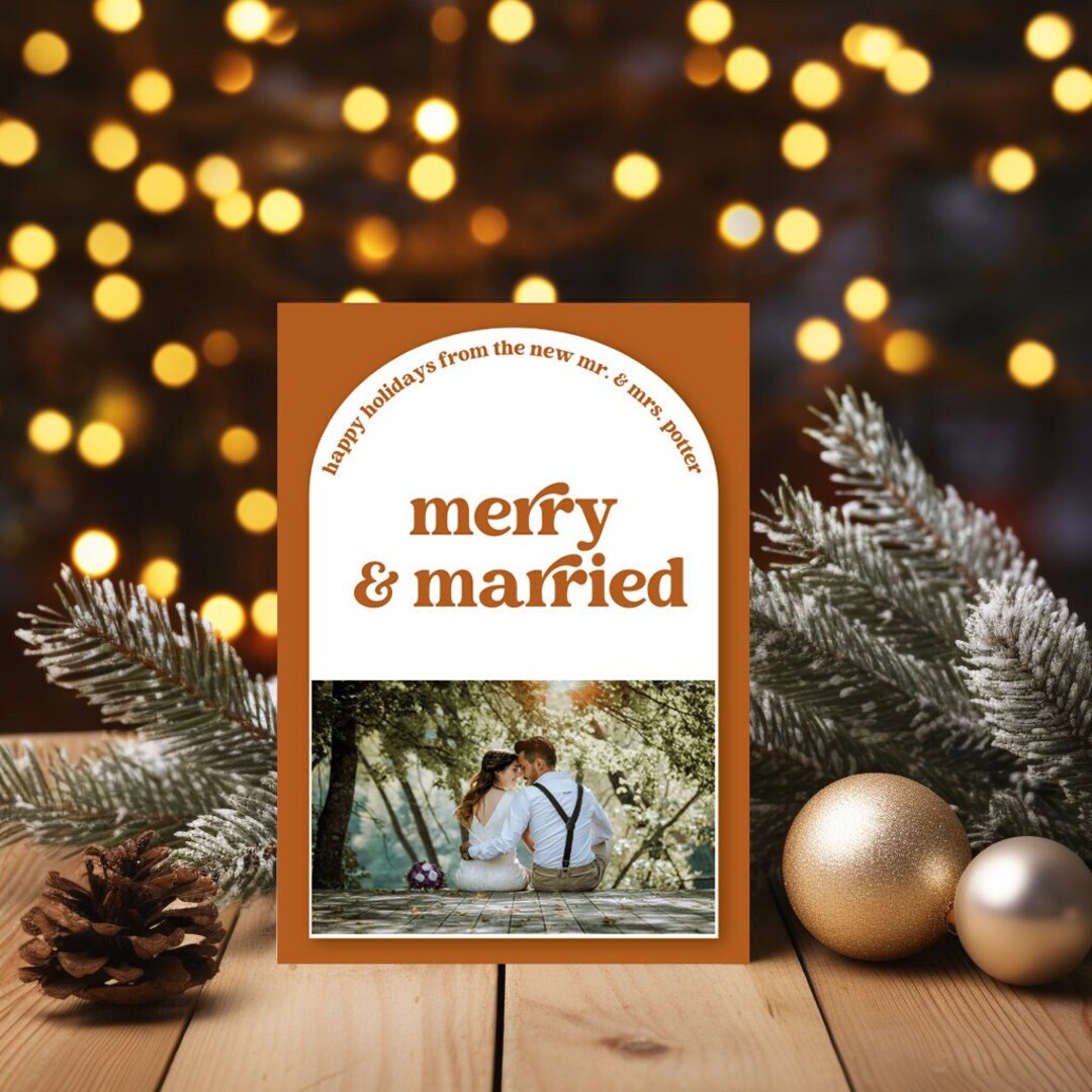 Boho Christmas Card Template, Merry and Married Christmas Card Template ...