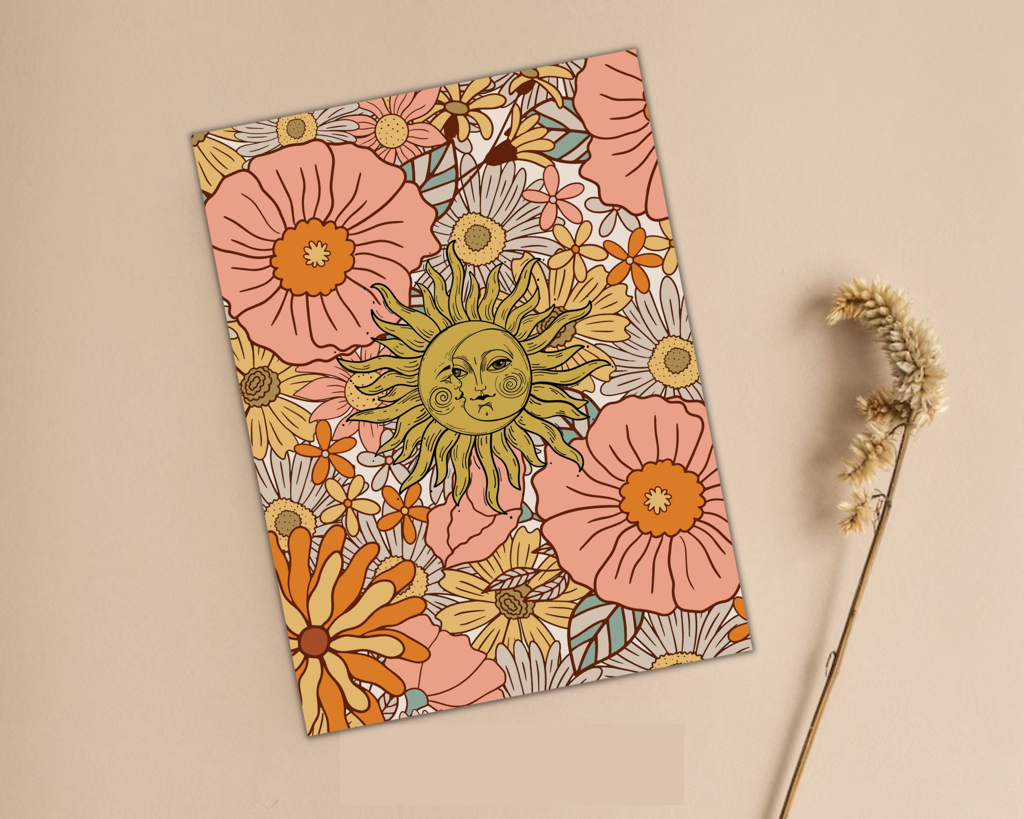 Printable Birthday Card With Sun Moon Flowers Design Print at Home ...