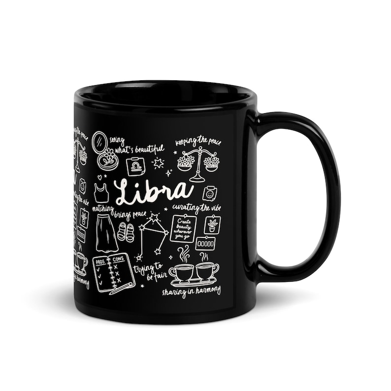 Libra Doodle Black Coffee Mug, Air Star Sign Cup, Whimsical Birthday ...