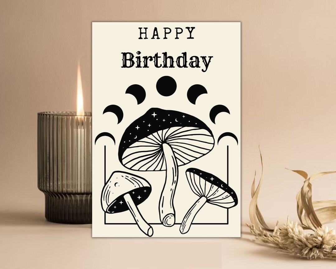 Printable Birthday Card With Mushroom and Moon Design - Print at Home ...