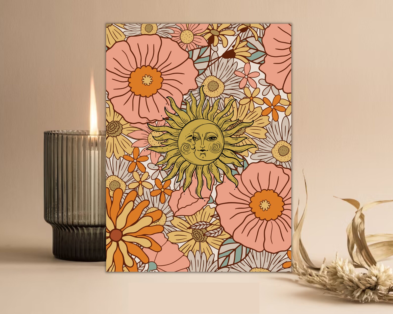 Printable Birthday Card With Sun Moon Flowers Design - Print at Home ...