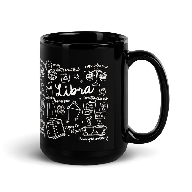 Libra Doodle Black Coffee Mug, Air Star Sign Cup, Whimsical Birthday ...