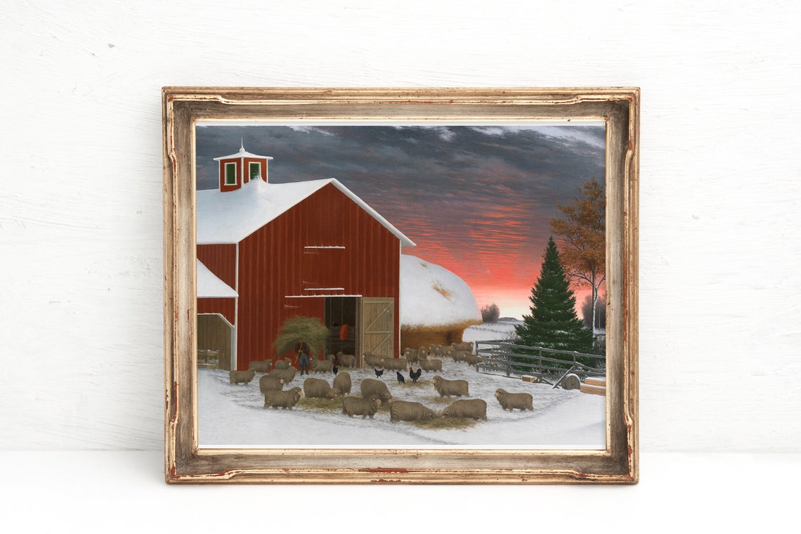 Antique Barnyard Painting, Vintage Printable Farmyard Print, Red Barn Print, Sheep Digital Print ...