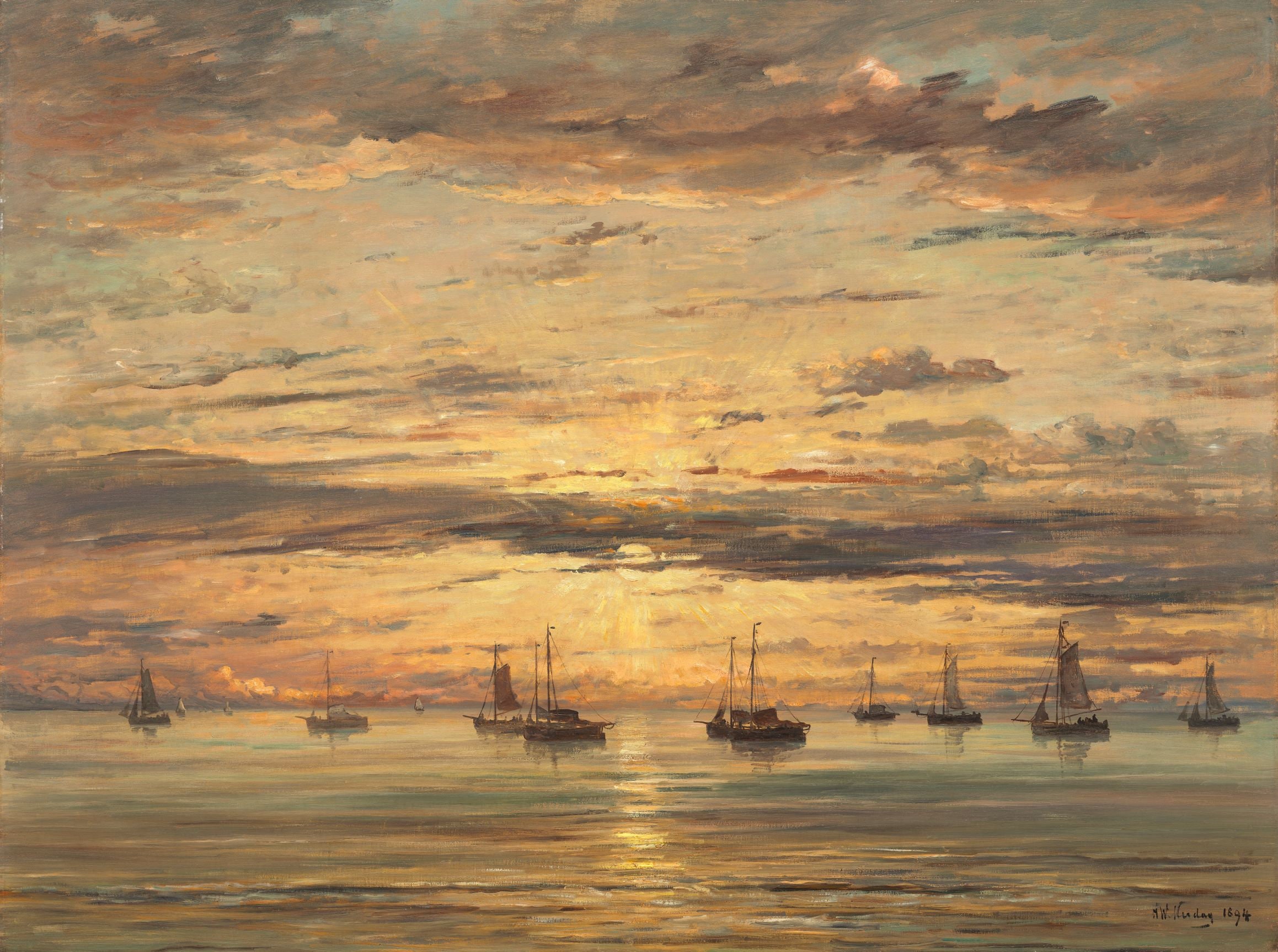 Boats in the Harbour Painting, Harbour Sunset Painting, Vintage ...
