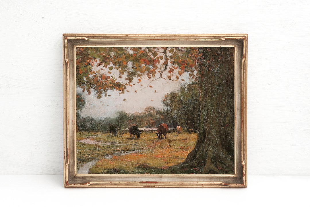 Vintage Cow Pasture Landscape Painting, Vintage Landscape Painting ...