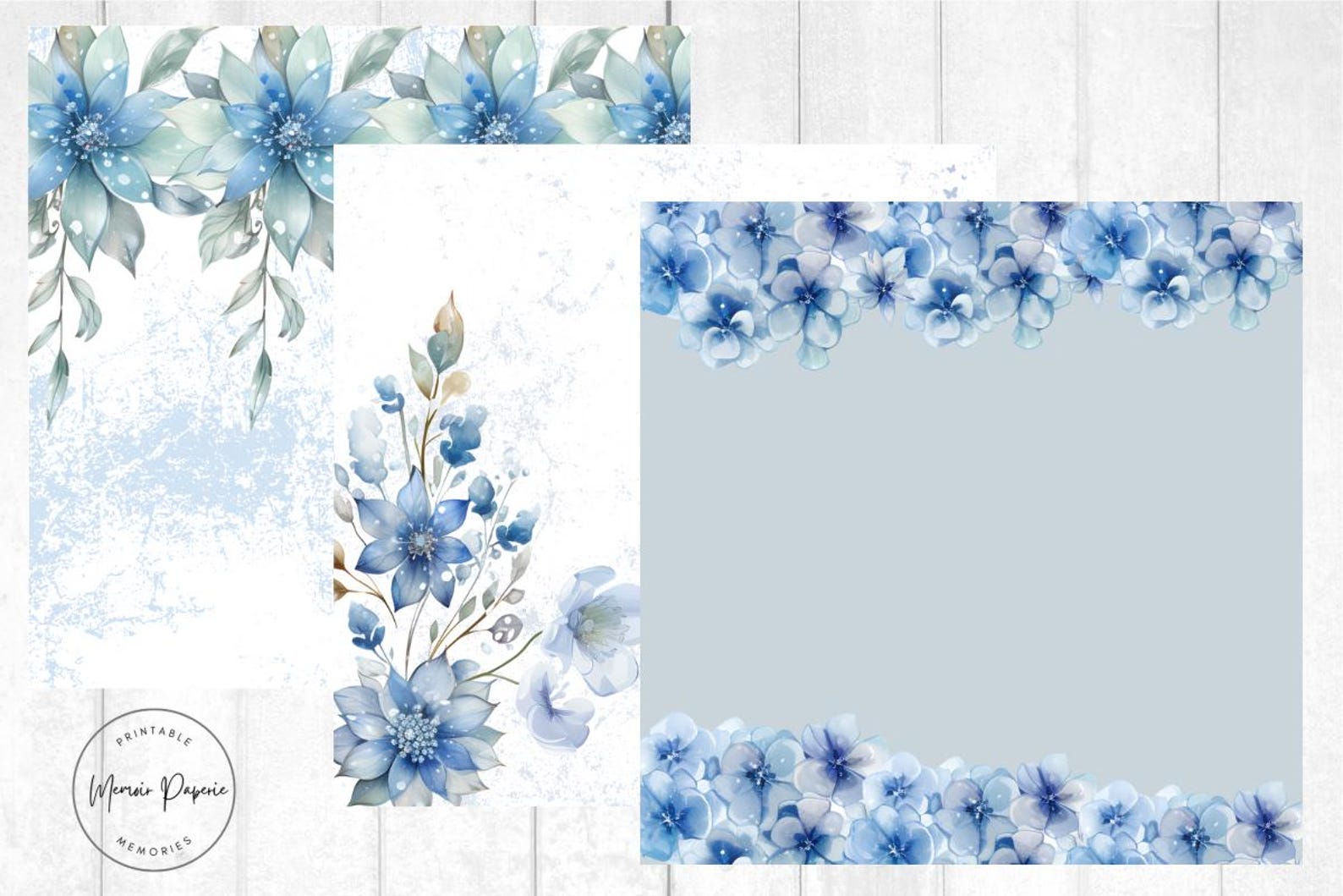 Pale Blue Floral Scrapbook Kit: Printable Junk Journal Embellishments ...
