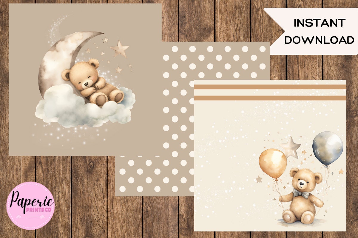 Teddy Bear Digital Scrapbook Paper 12x12 Inches, Boho Teddy Printable ...