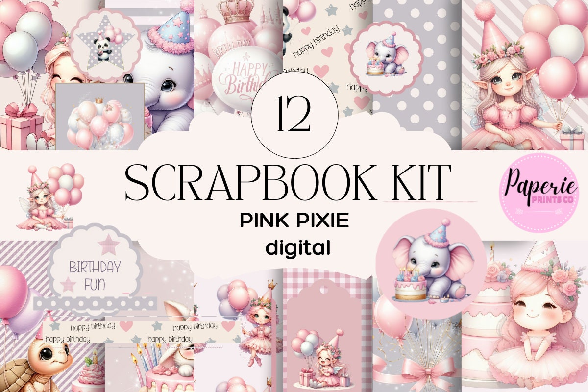Girl Pink Birthday Scrapbook Kit Printable, Pink Pixie Birthday Scrapbook Kit Digital, Printable ...