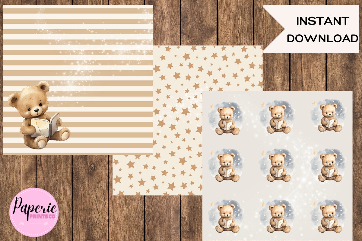 Teddy Bear Digital Scrapbook Paper 12x12 Inches, Boho Teddy Printable ...