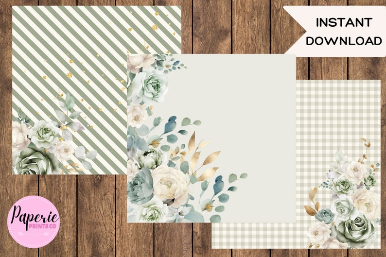 Sage Green Floral Scrapbook Kit Printable, Sage Wedding Scrapbook Paper ...
