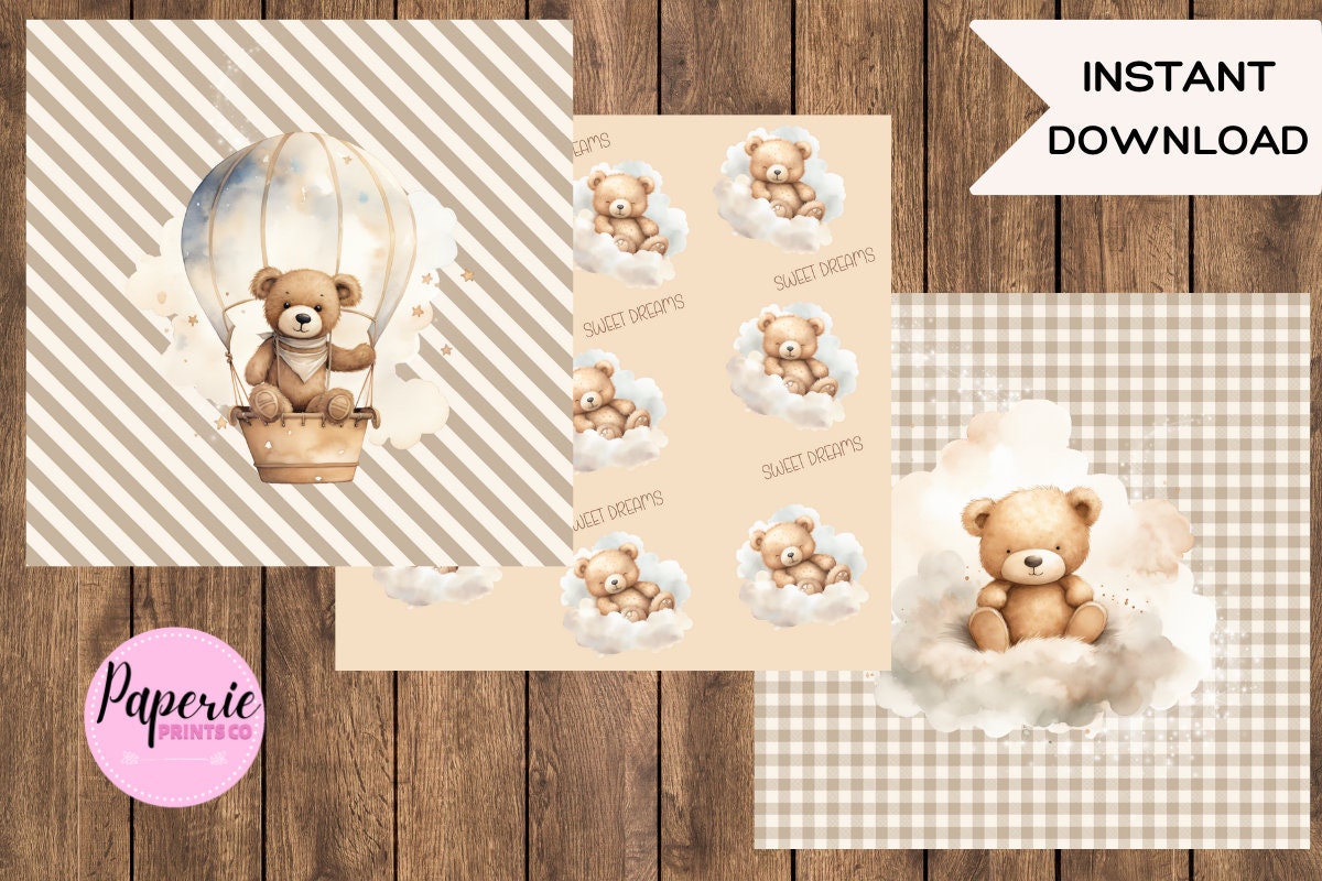 Teddy Bear Digital Scrapbook Paper 12x12 Inches, Boho Teddy Printable ...