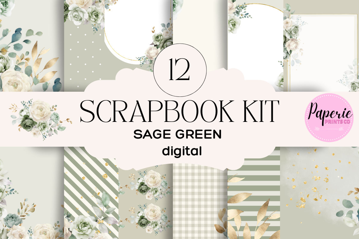 Sage Green Floral Scrapbook Kit Printable, Sage Wedding Scrapbook Paper ...