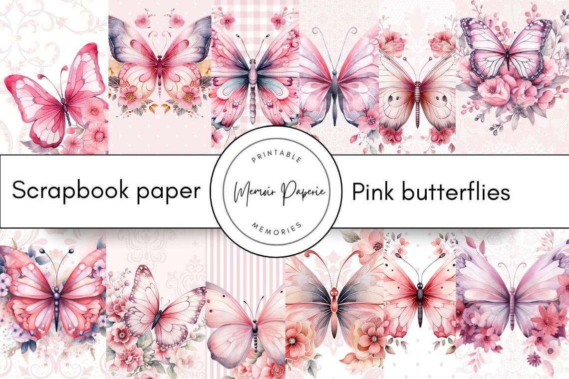 Pink Butterfly Scrapbook Paper: Digital Backgrounds for Junk Journals ...