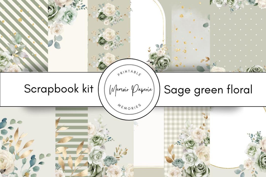 Sage Green Floral Scrapbook Kit: Printable Wedding Paper Embellishments ...