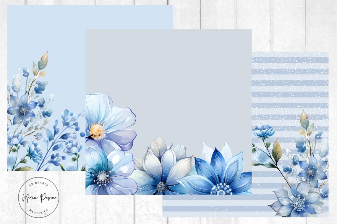 Pale Blue Floral Scrapbook Kit: Printable Junk Journal Embellishments ...