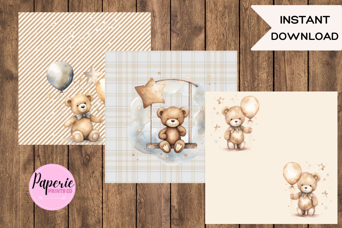 Teddy Bear Digital Scrapbook Paper 12x12 Inches, Boho Teddy Printable ...