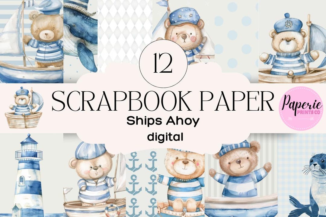 Nautical Scrapbook Paper Printable, Ships Ahoy Printable Scrapbook ...